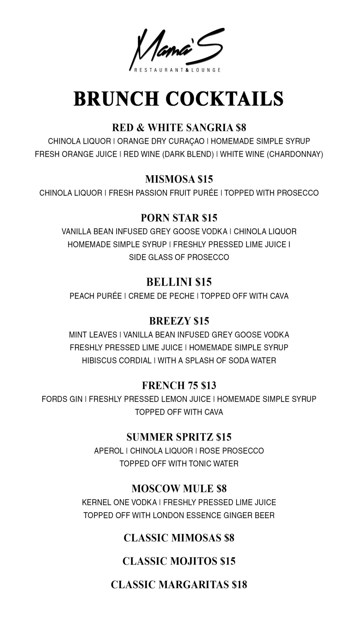 Brunch Menu - Mama's Restaurant & Lounge