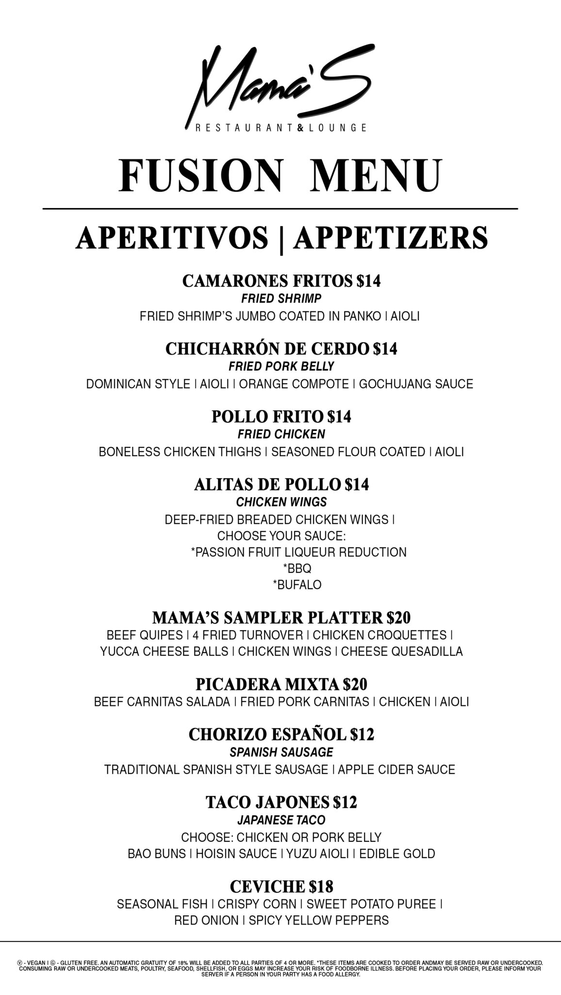 Fusion Menu – Mama's Restaurant & Lounge